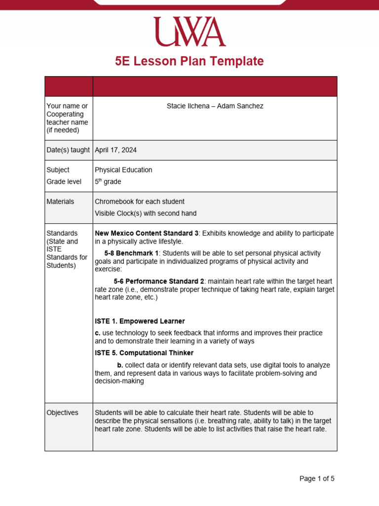 Ilchena Ed508-5e-Lesson-Plan-Template | PDF | Heart Rate | Heart