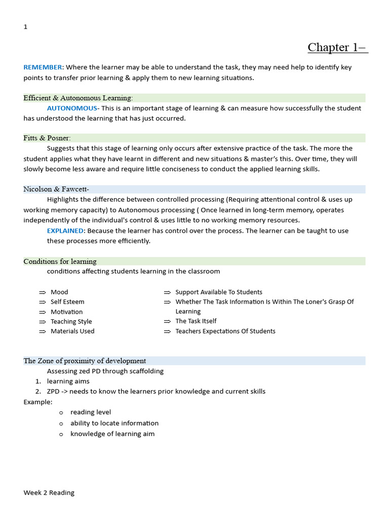 Chapter 1 Notes | PDF | Learning | Cognition