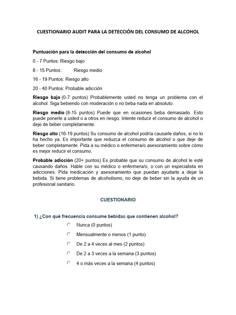 CUESTIONARIO AUDIT PARA LA DETECCIÓN DEL CONSUMO DE ALCOHOL | PDF ...