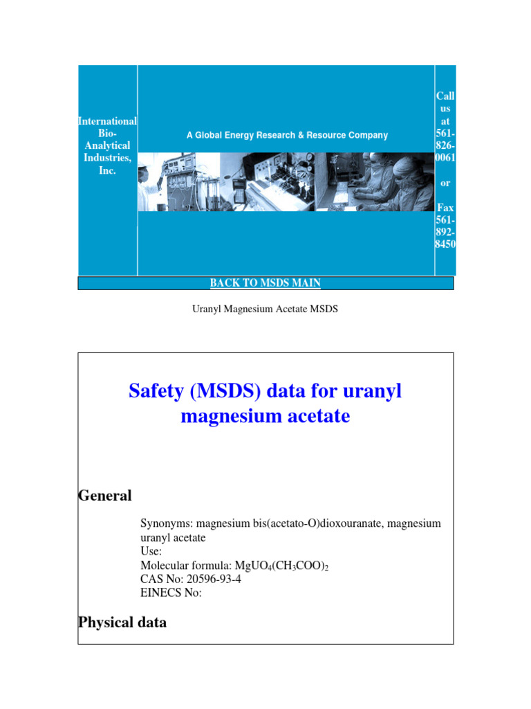 Safety (MSDS) Data For Uranyl Magnesium Acetate | PDF | Water | Toxicity