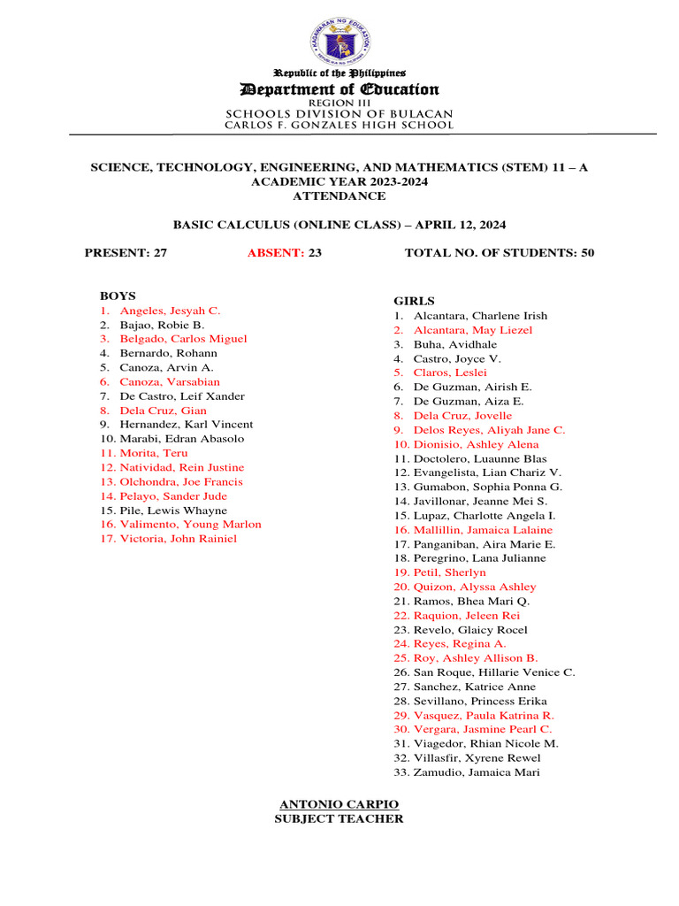 Stem 11 A Basic Calculus Attendance April 12 2024 | PDF