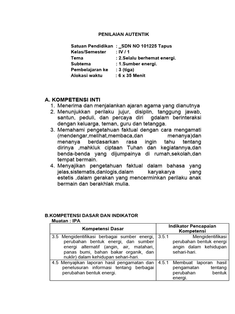 Penilaian Autentik Sumber Energi SD | PDF
