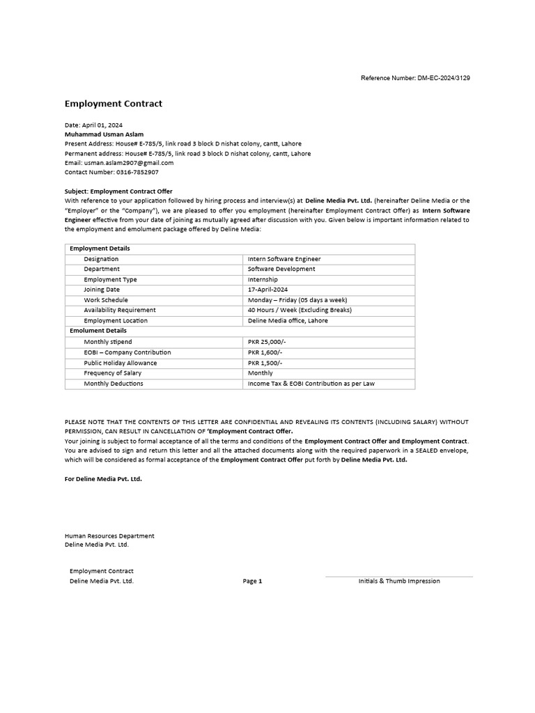 Employment Contract for Intern at Deline Media | PDF | Employment ...