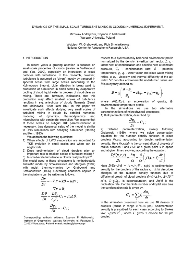 Dynamics of The Small Scale Turbulent Mi | PDF | Turbulence | Cloud