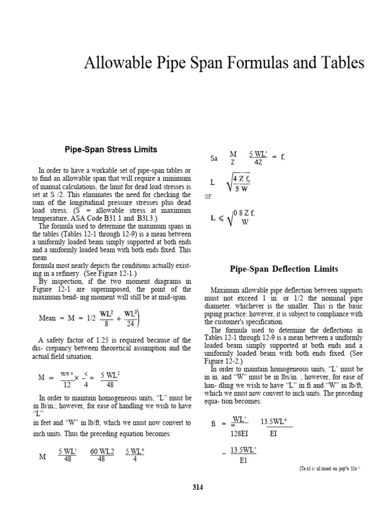 12 Allowable Pipe Span Formulas and Tables | PDF | Pipe (Fluid Conveyance) | Stress (Mechanics)