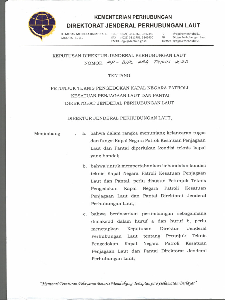 SK Dirjen Hubla Tentang Juknis Pengedokan KNP | PDF