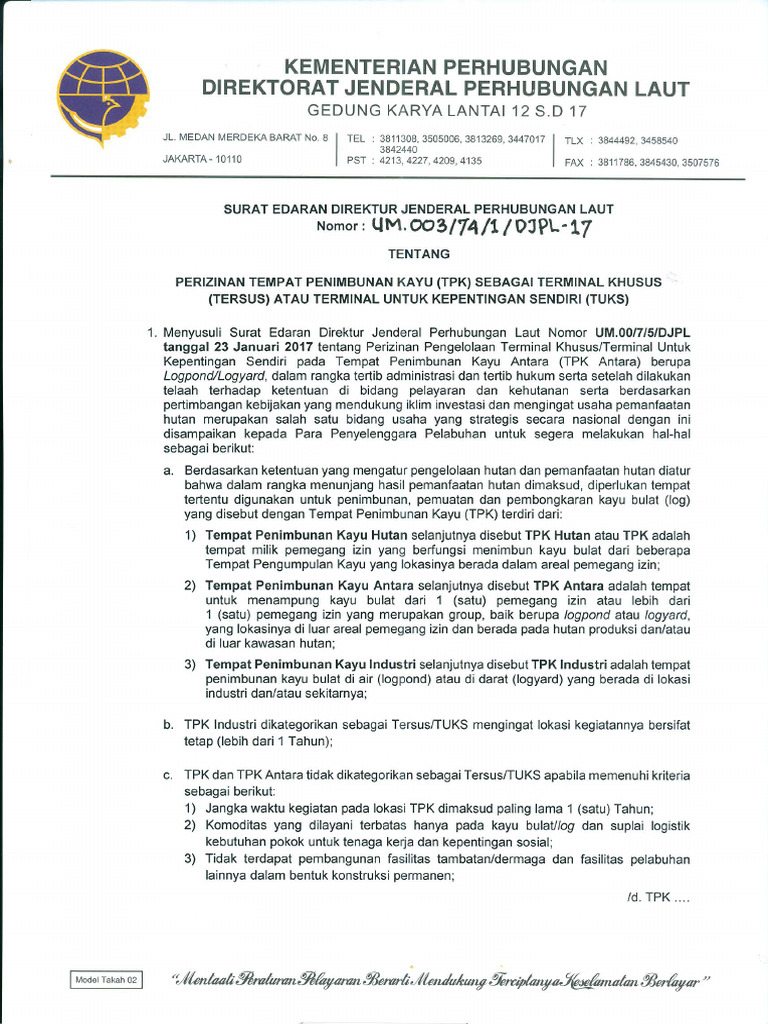 SE - Dirjen Hubla Perizinan TPK - 2017 | PDF