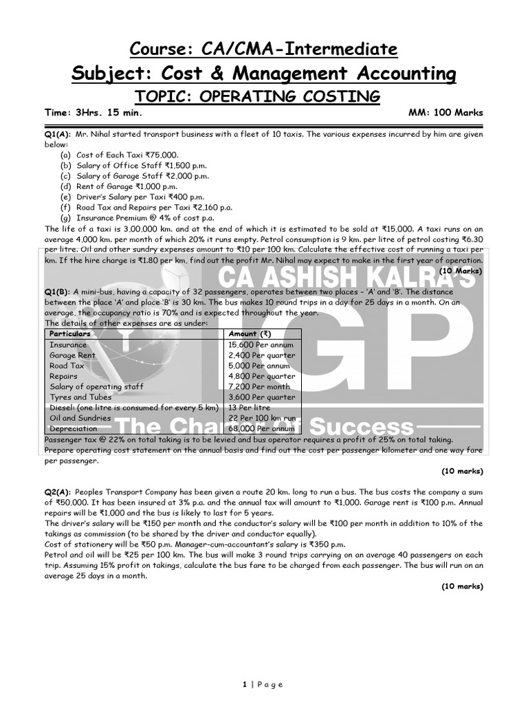 Operating Costing Test Questions | PDF | Bus | Expense