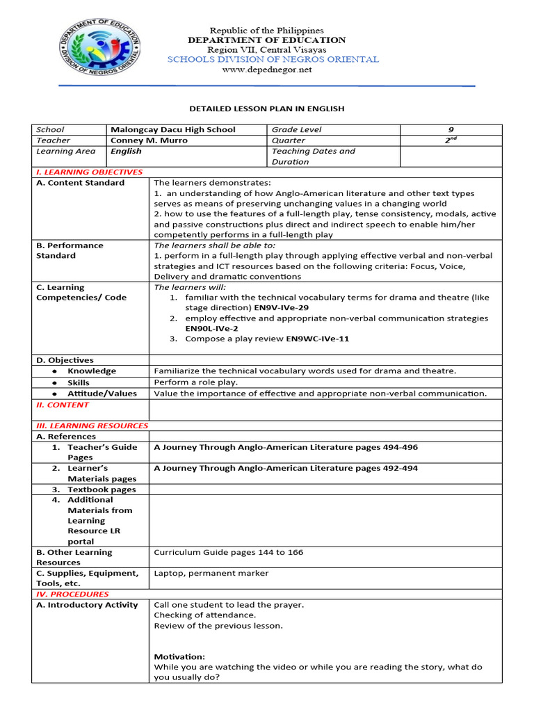 Lesson Plan DEPED Format | PDF | Learning | Nonverbal Communication