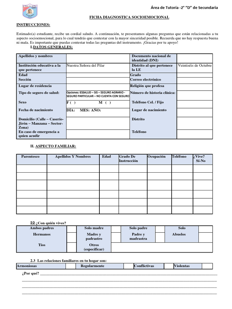 Ficha Diagnostica Socioemocional 3ro D Sec | PDF