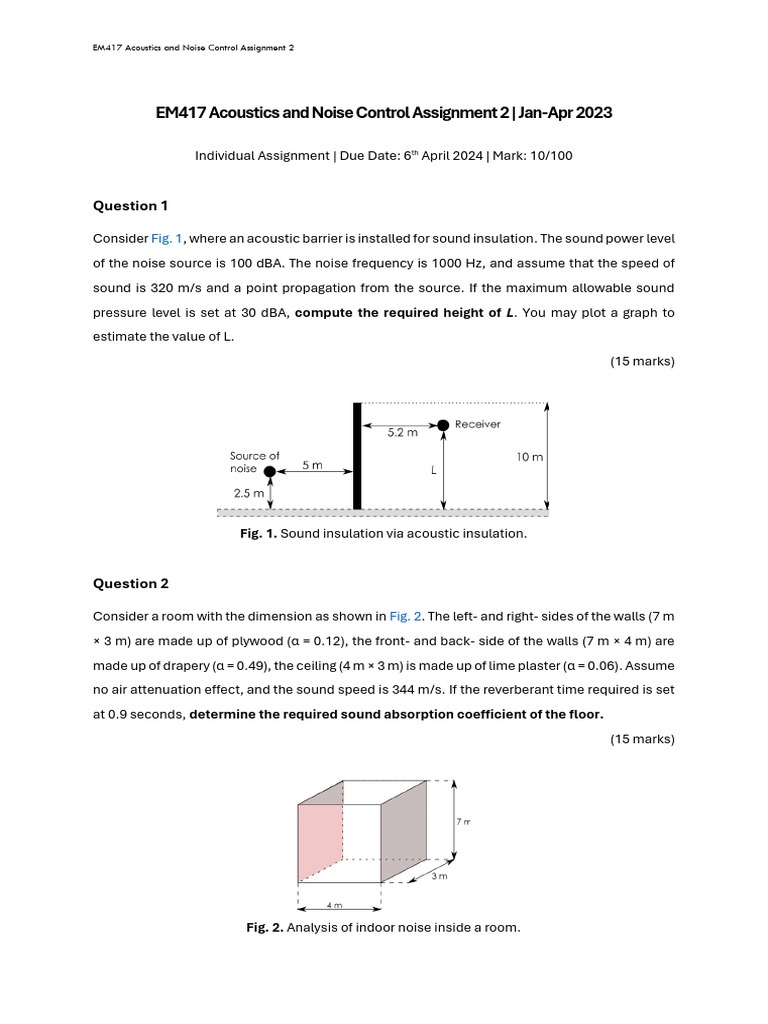 (EM417) Acoustics and Noise Control Assignment 2 Question | PDF
