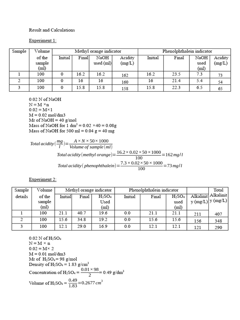 Result and Calculations Alkalinity | PDF | Alkalinity | Titration