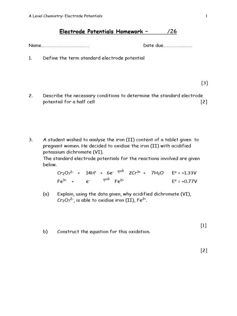 Electrode Potential Homework | PDF | Electrochemistry | Redox