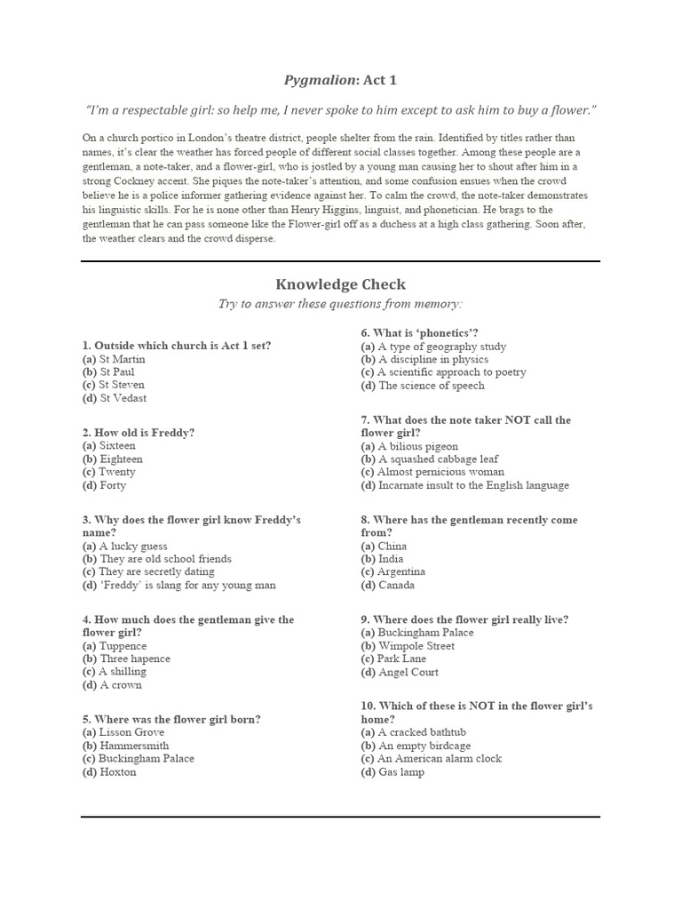 Pygmalion Act One Questions and Activities | PDF | Pygmalion (Play ...