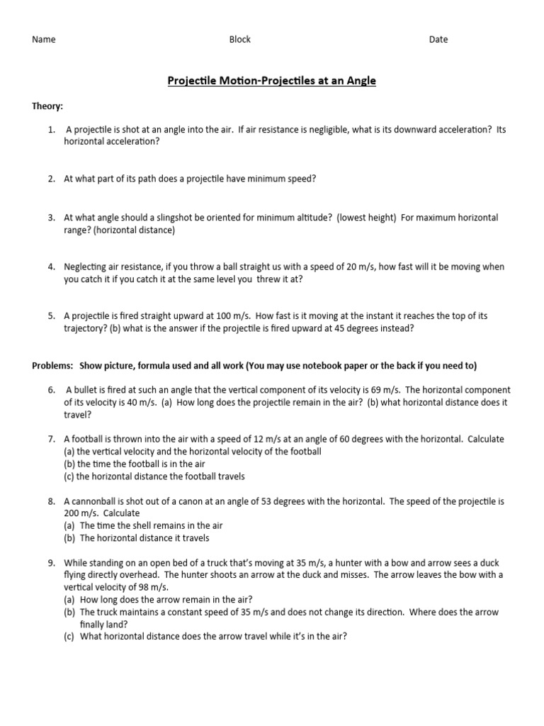 Projectiles at An Angle WKST | PDF