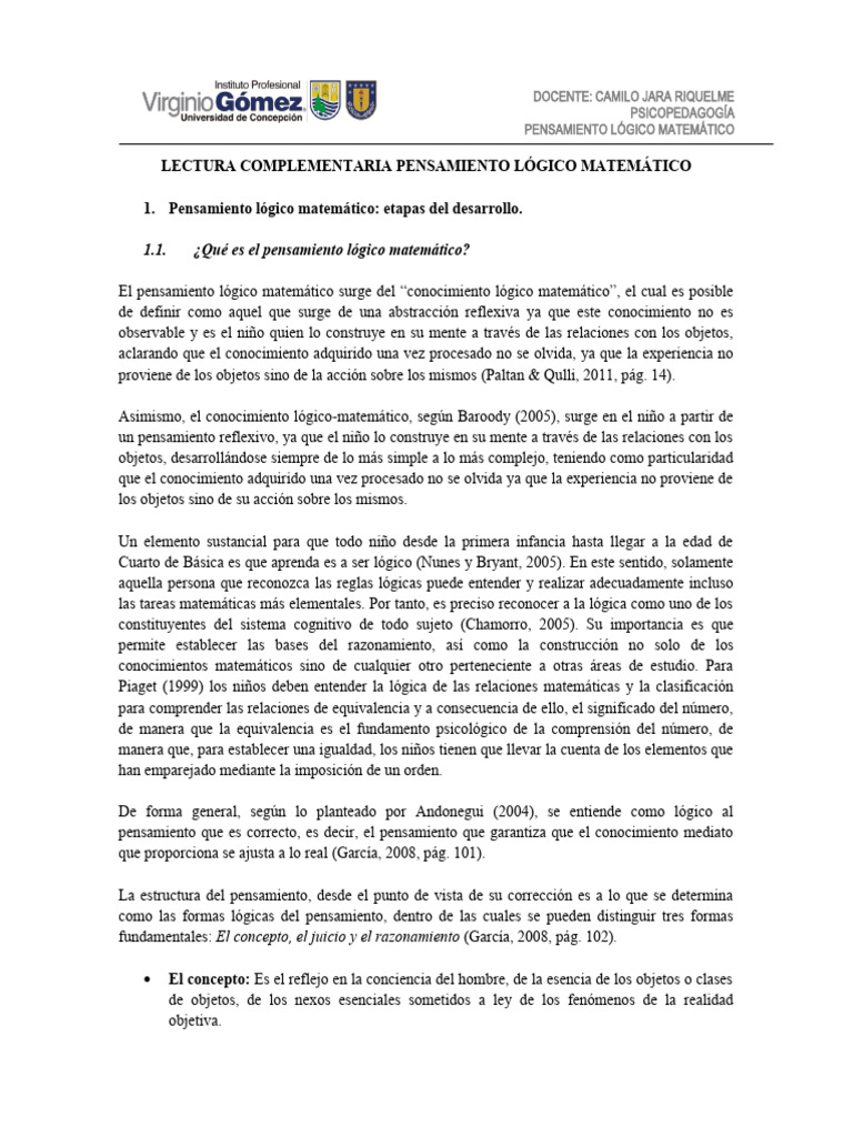 Lectura Complementaria Pensamiento Lógico Matemático | PDF | Pensamiento | Conocimiento