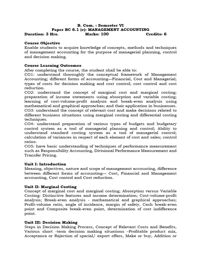 Management Accounting Syllabus LOCF | PDF | Management Accounting ...