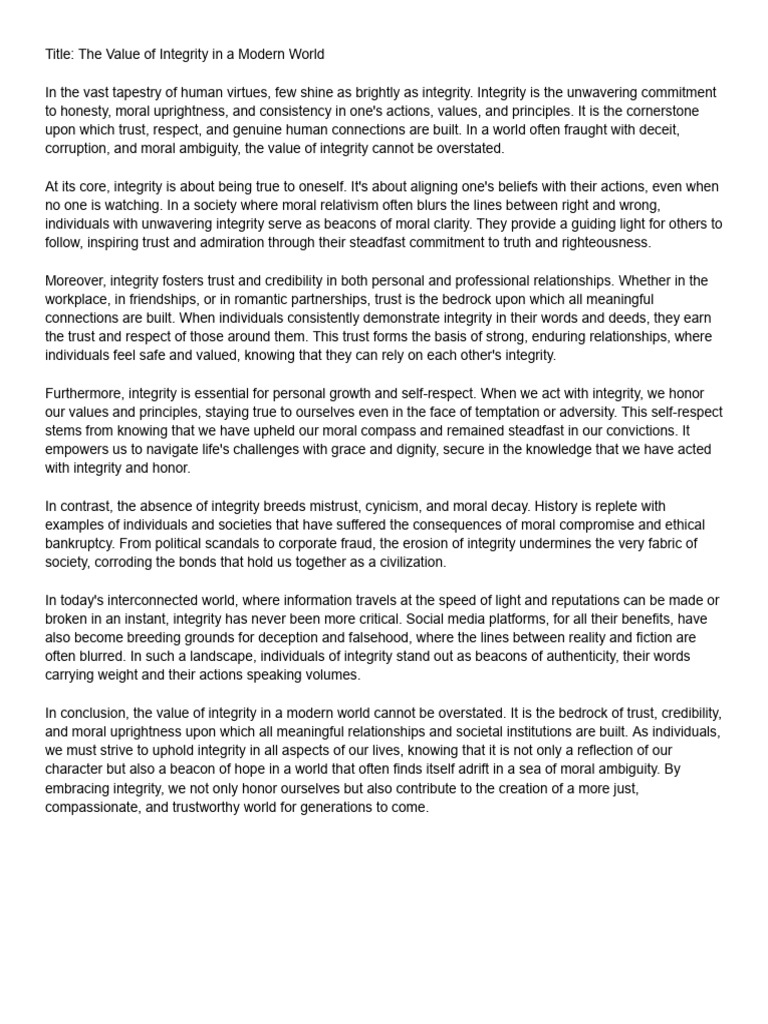 The Value of Integrity in A Modern World | PDF | Integrity | Social ...