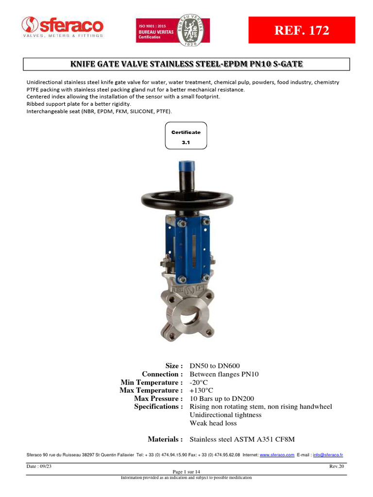 Technical Datasheet Knife Gate Valve Stainless Steel Epdm pn10 Sgate ...