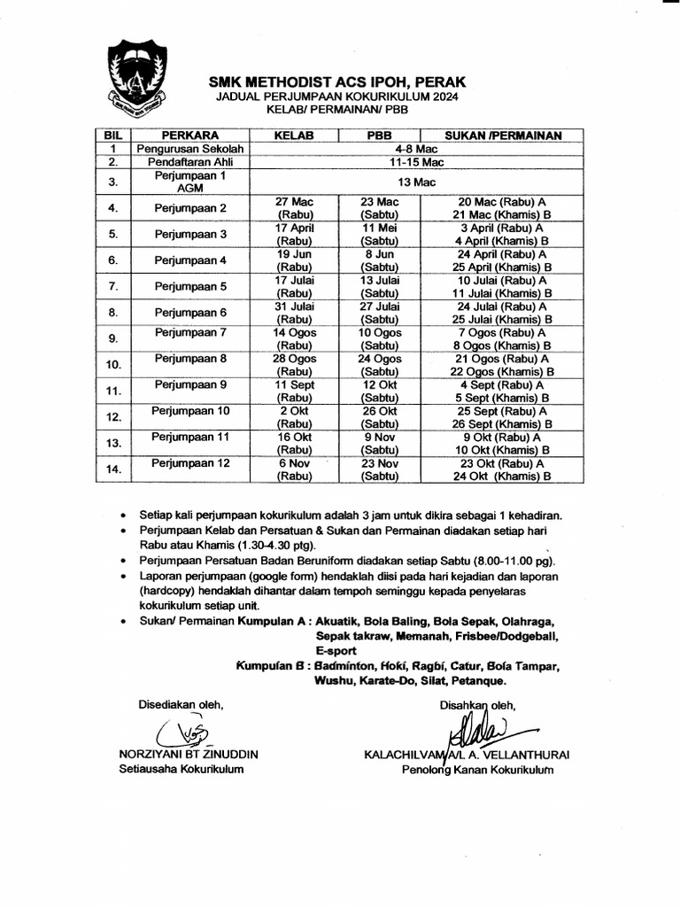 Jadual Perjumpaan Kokurikulum 2024 Aliran Perdana | PDF Jadual Perjumpaan Kokurikulum 2024 Aliran Perdana | PDF