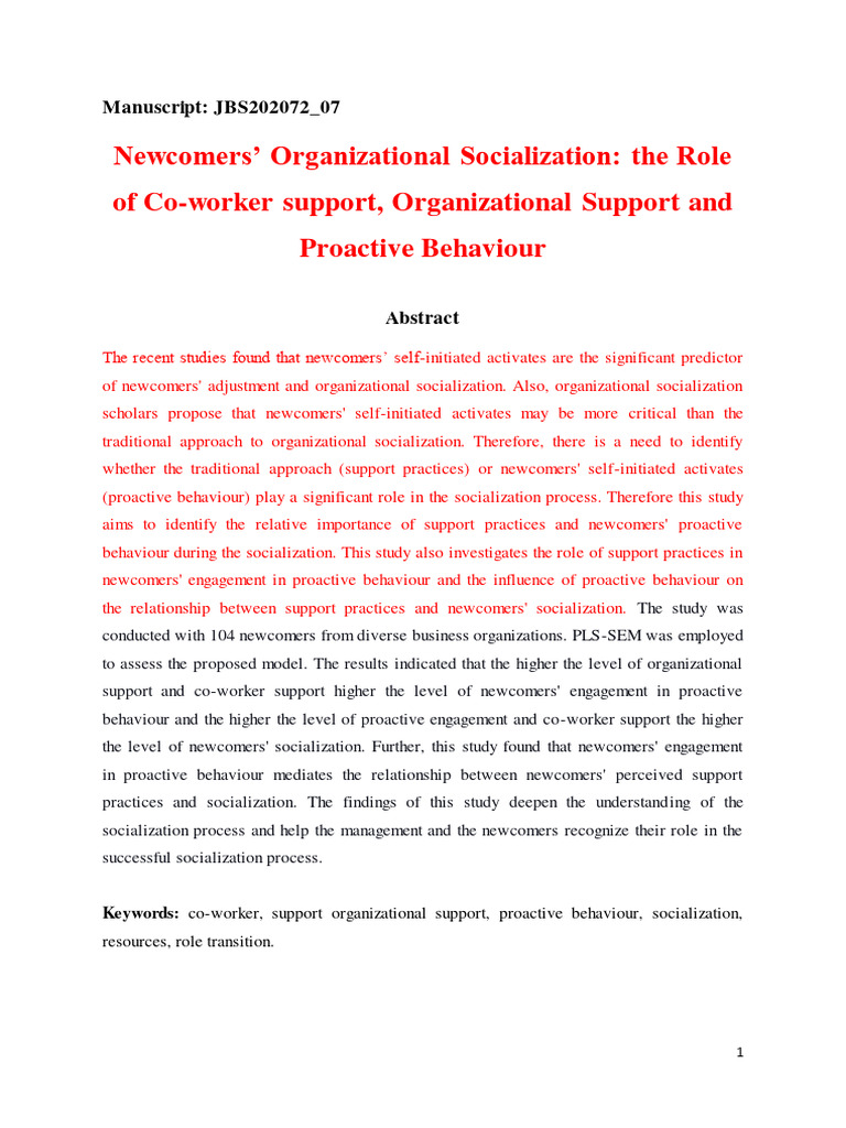 FINAL-JBS202072 - 07 - Newcomers' Socialization | PDF | Socialization | Likert Scale