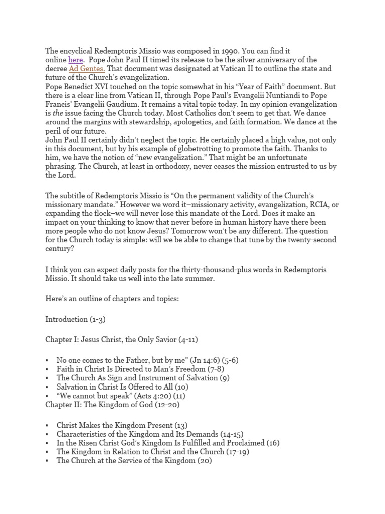 Summary of Redemptoris Missio | PDF | Catholic Church | Christian Mission