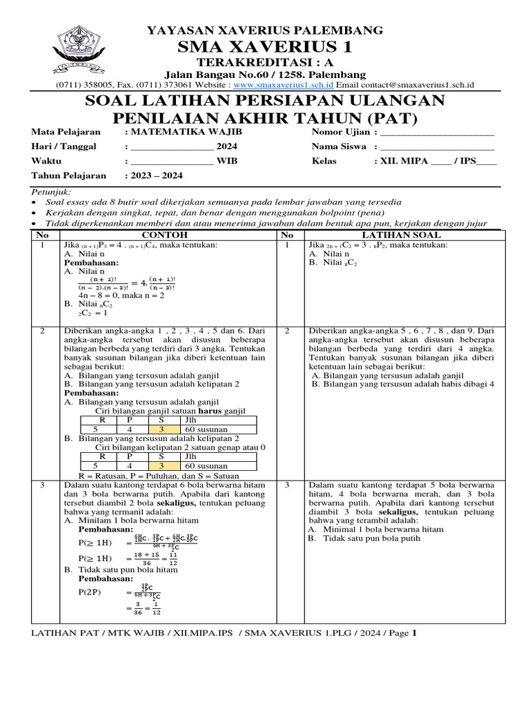 Latihan Pat MTK W Kls Xii 2023-2024 | PDF