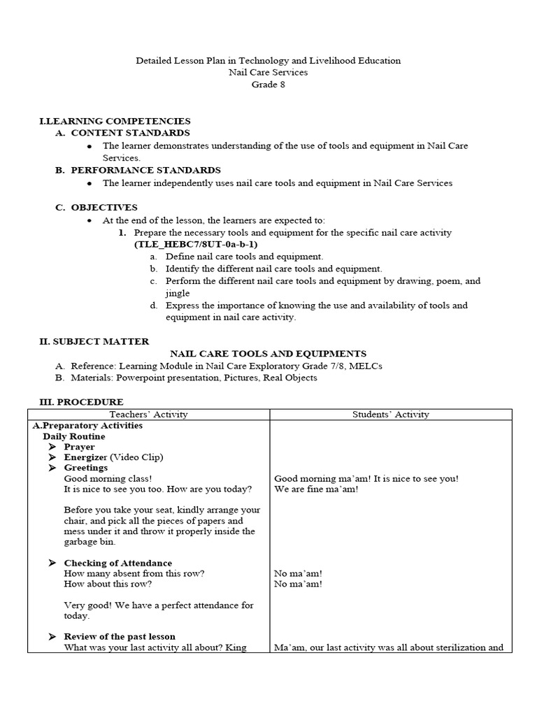 DLP in TLE (COT 1) | PDF | Learning | Disinfectant