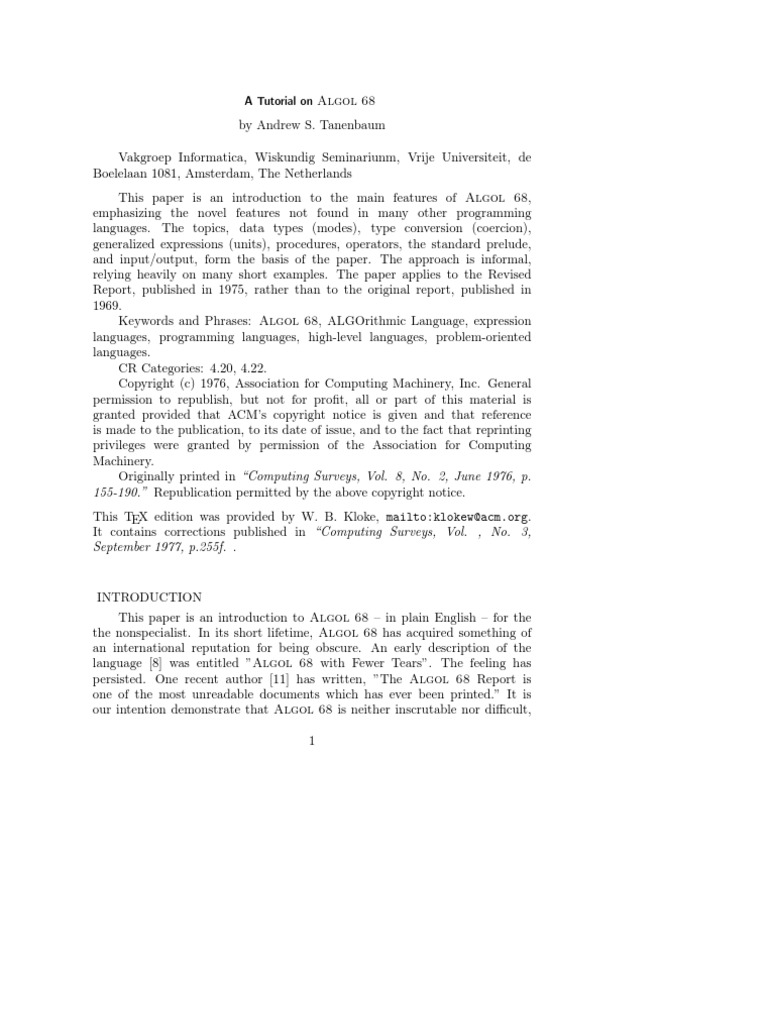 A Tutorial On Algol 68 Pdf C Programming Language Pointer Computer Programming 