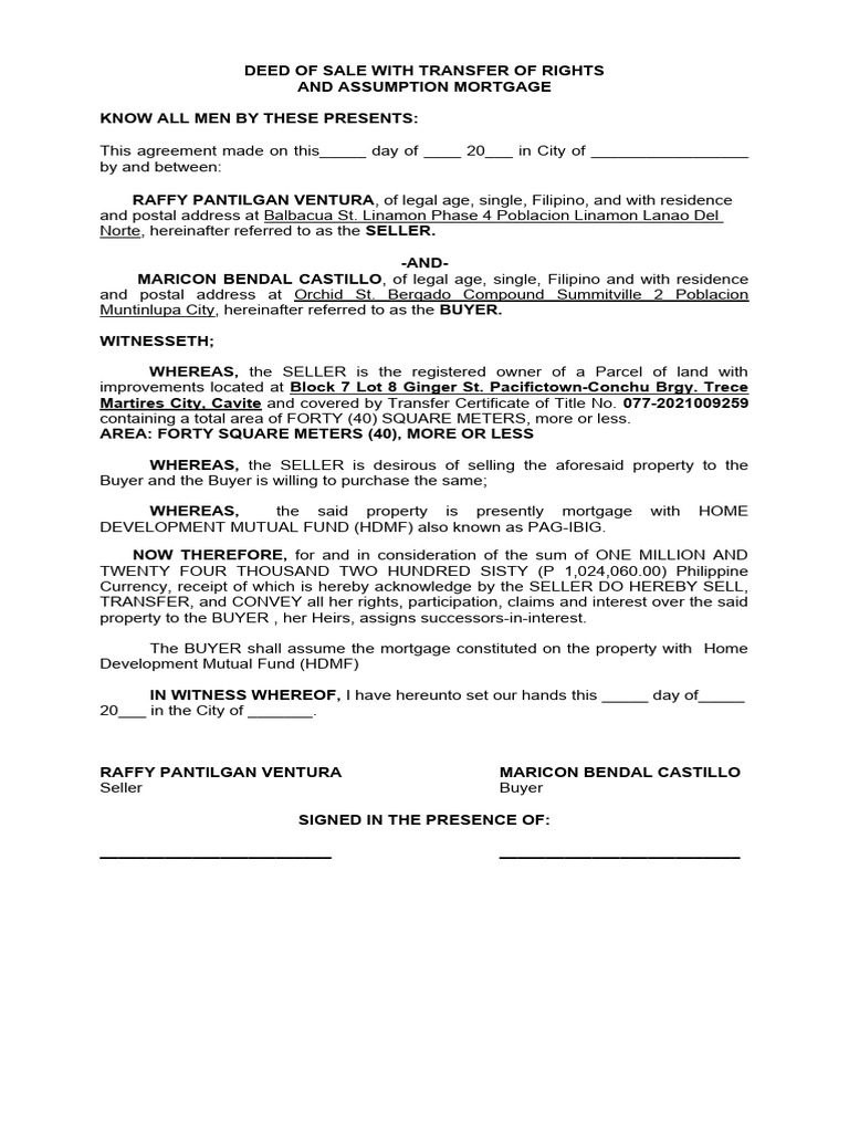 Deed of Sale and Mortgage Assumption | PDF | Deed | Common Law