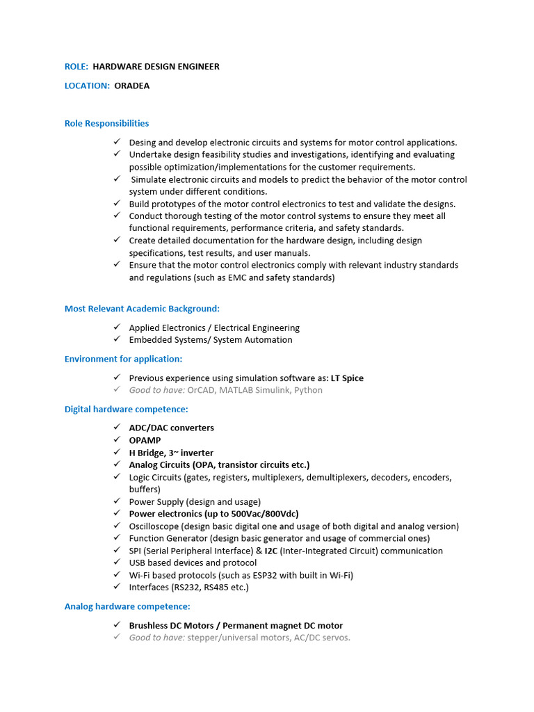 JD - Hardware Design Engineer | PDF | Electronics | Electric Motor