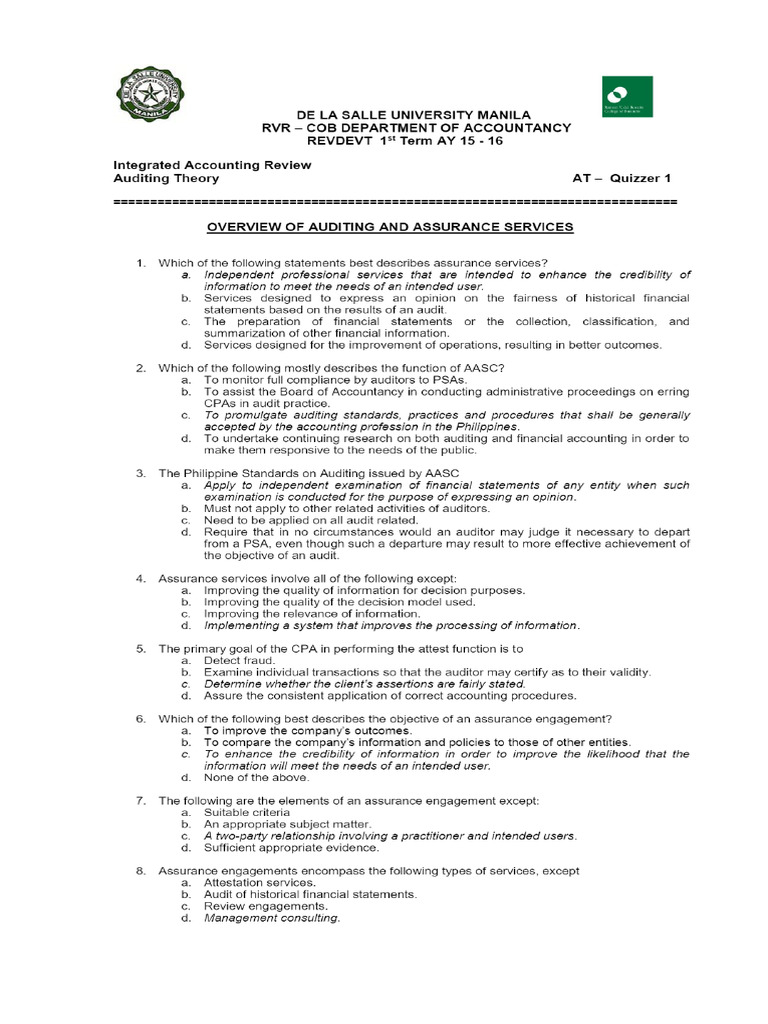 AT Quizzer 1 Overview of Auditing Answer Key PDF | PDF
