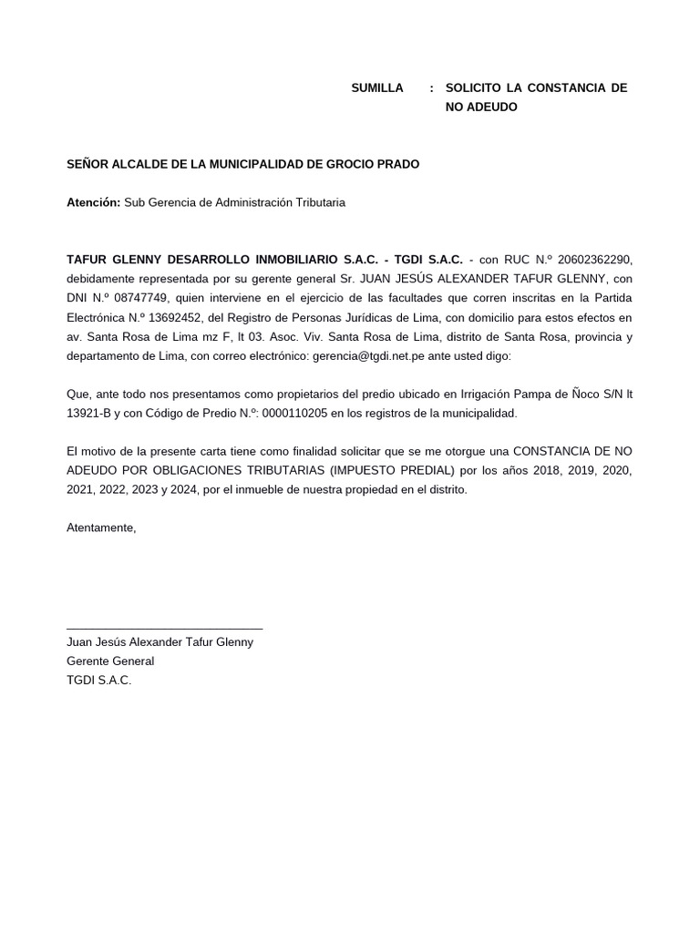MODELO Carta Solicitud Constancia de No Adeudo | PDF