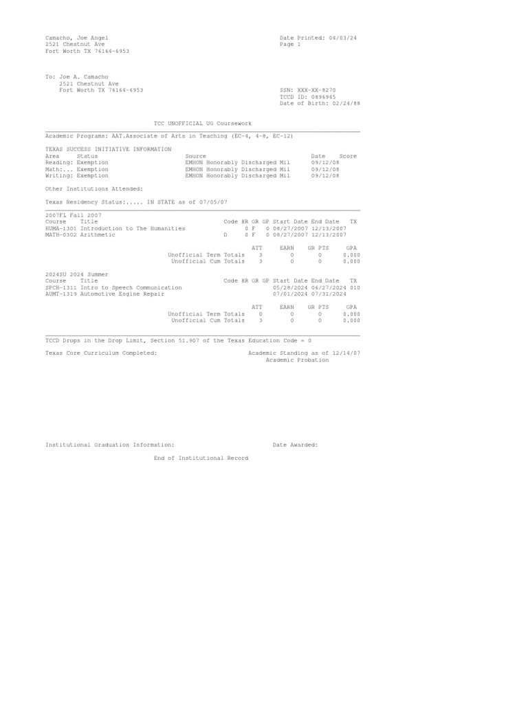 TCC Unofficial Transcript Summary | PDF