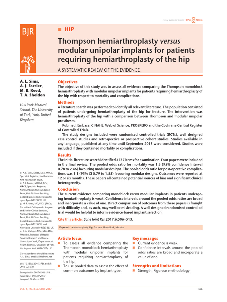 Thompson Hemiarthroplasty I Versus I Modular For A | PDF | Systematic ...