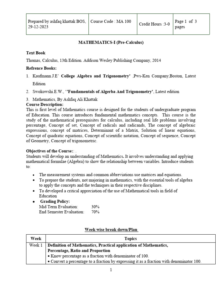 Mathematic-1 MA100 (Pre Calculus) | PDF | Matrix (Mathematics) | Algebra