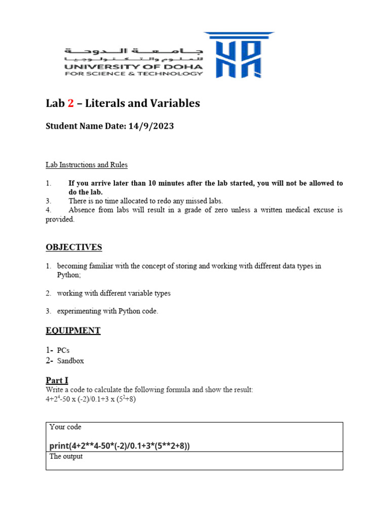 Lab Manual - AETN2302 - L2 (Lirterals and Variables) | PDF | Variable (Computer Science ...