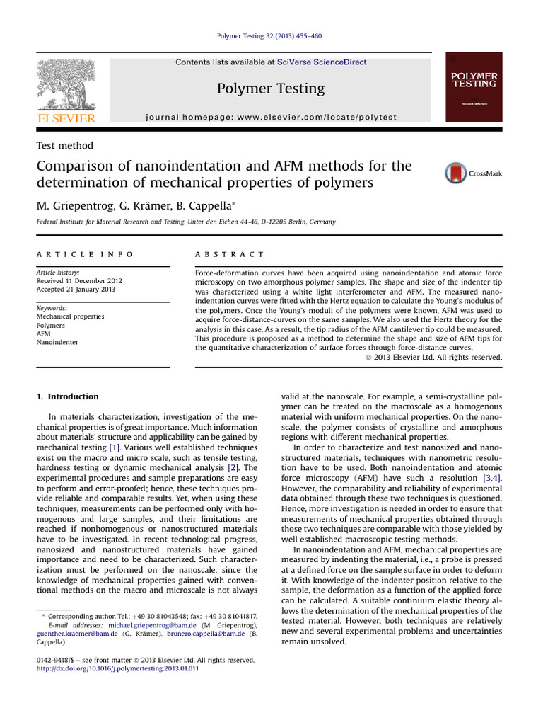 Comparison of Nanoindentation and AFM Methods For Thedetermination of ...