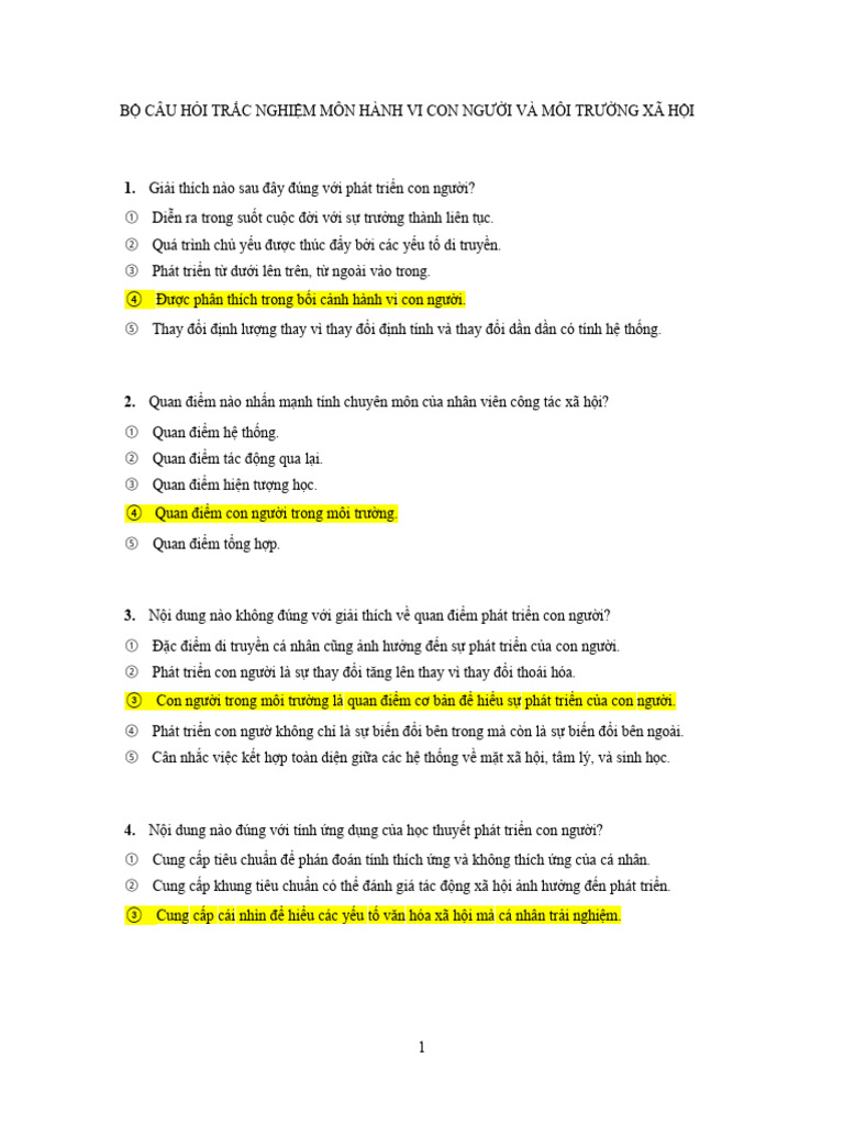 Bộ câu hỏi thi môn hành vi con người | PDF