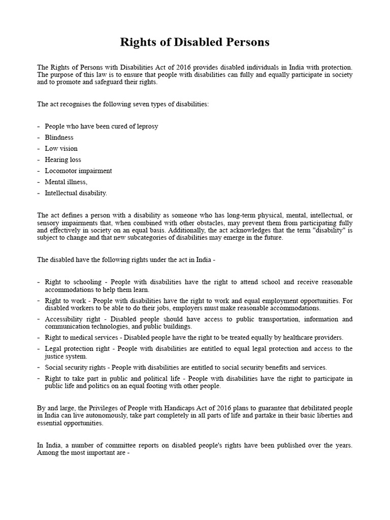 Rights of Persons with Disabilities Act 2016 | PDF | Disability | Justice