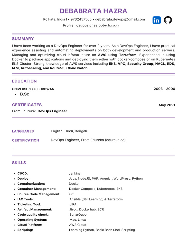 Debabrata Devops Resume | PDF | Amazon Web Services | Systems Engineering