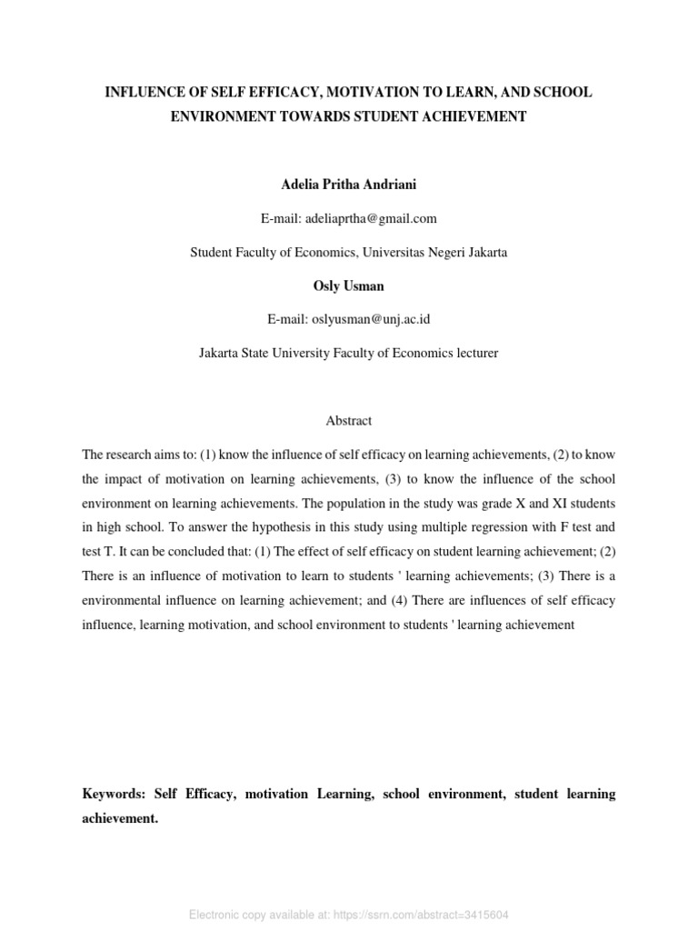 Influence of Self Efficacy, Motivation To Learn, and School Environment Towards Student ...