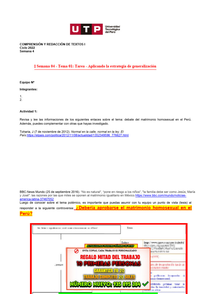 ? Semana 04 - Tema 01 Tarea - Aplicando La Estrategia de Generalización (Terminado - ) | PDF ...