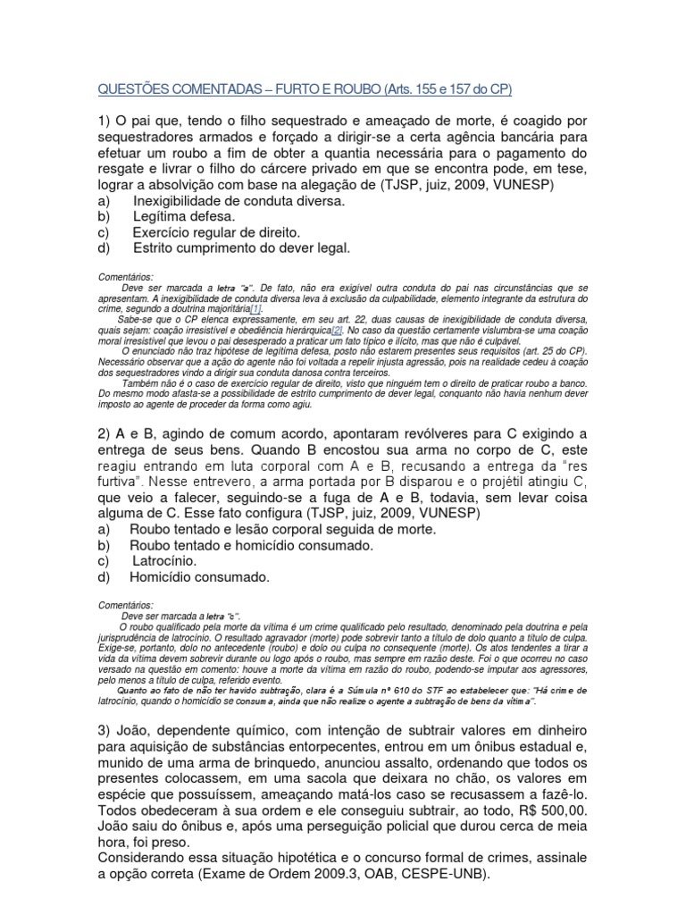 Análise de questões comentadas sobre furto e roubo (Arts. 155 e 157 do CP) | PDF | Homicídio | Roubo