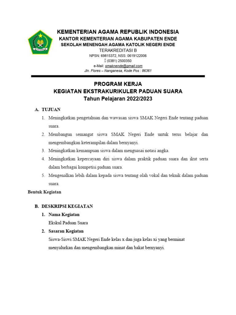 Program Kerja Kesiswaan Ekskul Paduan Suara - 113545 | PDF