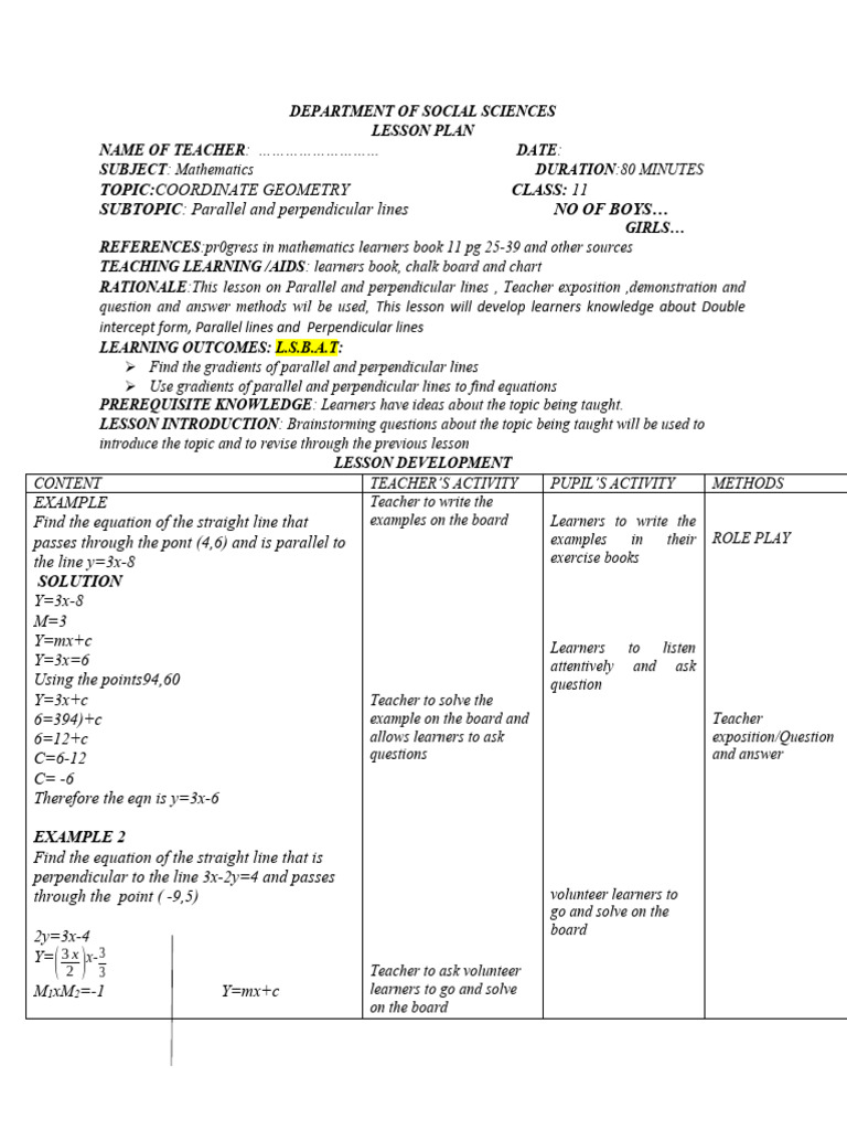 Coordinate Geometry Lesson Plan: Lines | PDF | Teachers | Equations