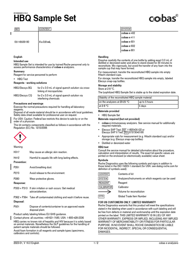 Insert - HBQ Sample Set.05193303001.V16.en | PDF | Purified Water