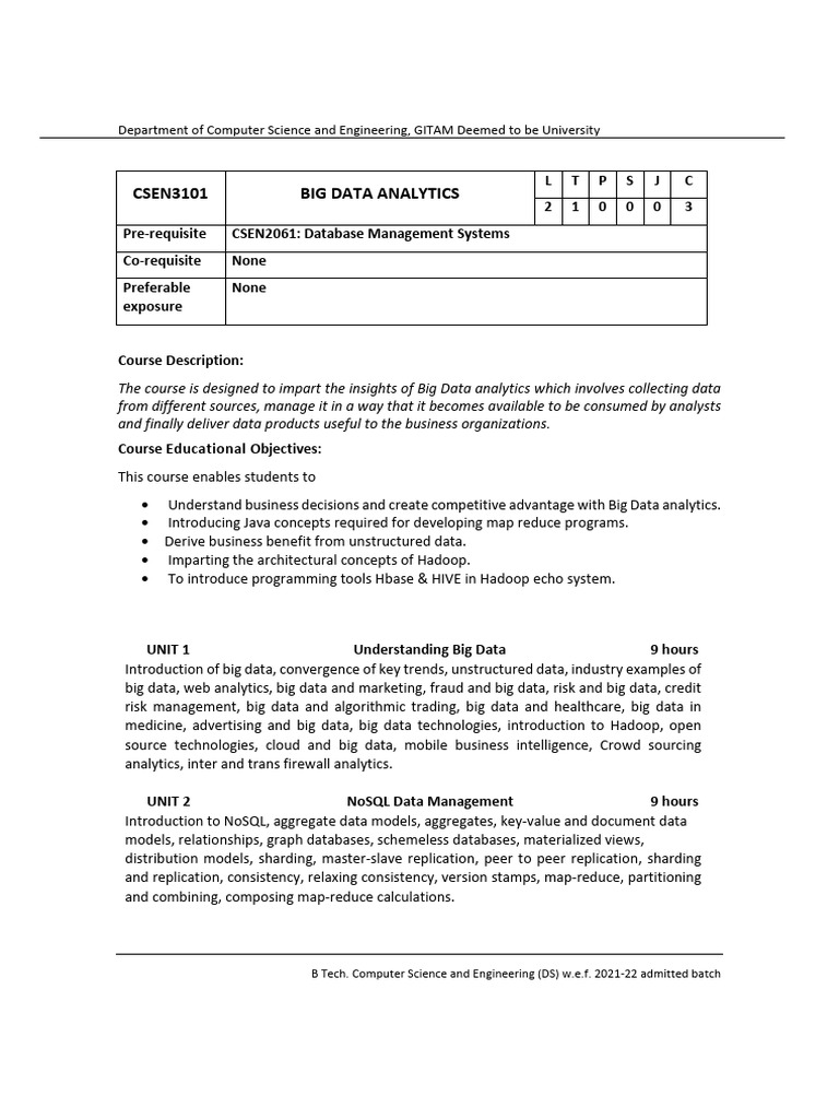 BDA CSEN3101 Syllabus | PDF | Big Data | Analytics