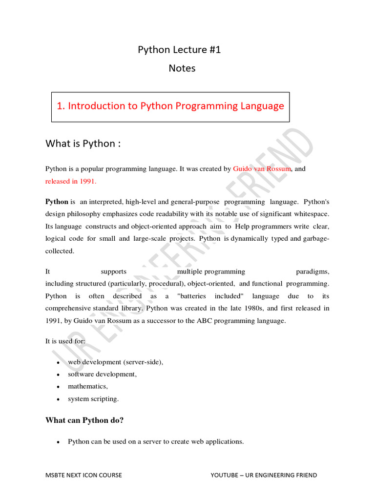 Python Chapter 1 Notes By Ur Engineering Friend Pdf Python Programming Language Reserved