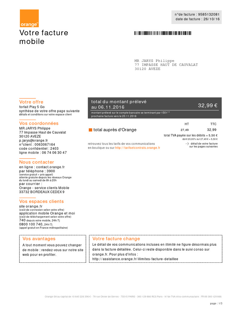Facture mobile Orange du 26/10/2016 | PDF | Facture | Secteurs du service